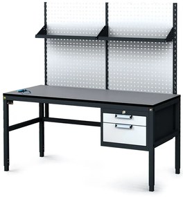 Antistatický dílenský ESD stůl s perfopanelem a policemi, 2 zásuvkový box na nářadí, 1600x800x745-985 mm