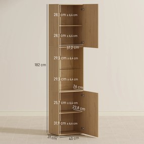 HOMCOM vysoká koupelnová skříň 6 úrovní – 2 dveře, skleněná police, nastavitelné police, 40×31×182 cm, dubový vzhled