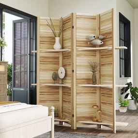 HOMCOM Interiér dřevěné obrazovky se 4 panely 160 x 170 cm, skládací přepážka s 3 policemi, přírodní dřevo