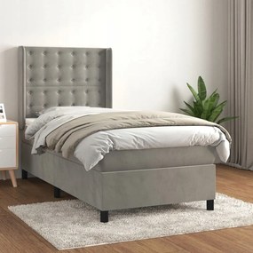 Box Spring Postel S Matrací Samet Světle Šedá tlačítka 100 x 200 cm