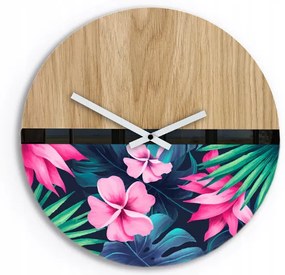 M.Clock Nástěnné dřevěné hodiny květiny 33x33cm hnědo-modré