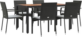 7dílný zahradní jídelní set s poduškami černý polyratan 3184990