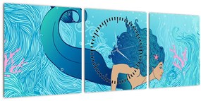 Obraz - Mořská panna (s hodinami) (90x30 cm)