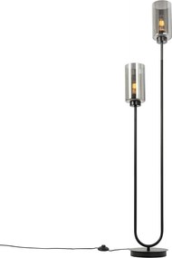 Art Deco stojací lampa černá s kouřovým sklem 2-světlo - Laura