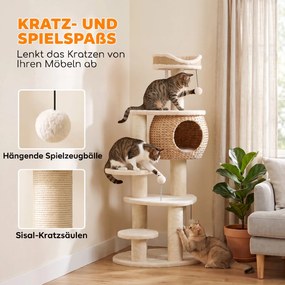 PawHut Velké škrabadlo 132 cm vysoké Kočičí strom s rákosovou jeskyní, škrabadly, postelí, 3 hračkovými míčky, ochrana proti převrhnutí, 1-2 kočky do…