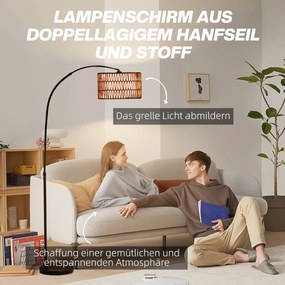 HOMCOM Stojací lampa s kloboukem z konopného provazu, výškově nastavitelná, nožní spínač, kov, černá