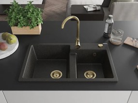 Mexen Tomas, granitový dřez 800x500x190 mm, 2-komorový, černá-zlatá metalíza se zlatým sifonem, 6516802000-75-G