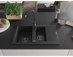 Mexen Gaspar, granitový dřez 737x475x177 mm, 1,5-komorový, černá s černým sifonem, 6507731505-77-B