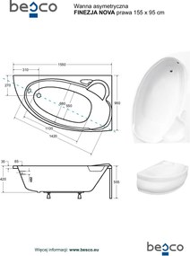 Besco FINEZJA NOVA 155 x 95 cm VANFINN155P vana bez nožiček pravá
