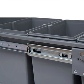 Mülleimer-Konstruktion mit 3 Abfalleimern zur Mülltrennung, Schienensystem, einbaubar, 3er-Set Müllbehälter, Grau