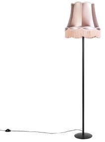 Retro stojací lampa černá s babičkovým stínítkem růžovým 45 cm - Simplo