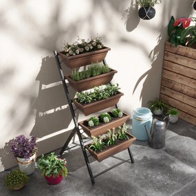 Vyvýšený květinový záhon Outsunny s patry, vertikální květináč se 5 květináči, odvodňovacími otvory s gumovými zátkami, restaurační schodiště pro ros…