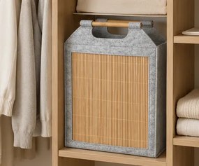 koš na prádlo, objem 23 l, bez víka, přenosný, plsť/bambus, 42x38x14 cm, šedá/přírodní, Dekorino KP20260004