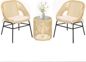 Outsunny 3dílný ratanový bistro set – 2 polstrovaná křesla a tvrzený skleněný stolek, ergonomický nábytek na balkon/terasu, béžová | Aosom