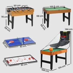 SPORTNOW 5-v-1 víceherní stůl, 53 díly příslušenství, stolní fotbal, stolkohokej, stolní tenis, billiard, basketbal, ořech