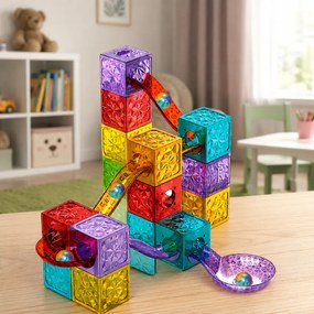 LEAN Toys Magnetické stavebnicové kostky – kostky, kuličková dráha, barevné, 28 ks.