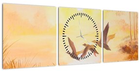 Obraz - Jeřábi při západu slunce (s hodinami) (90x30 cm)