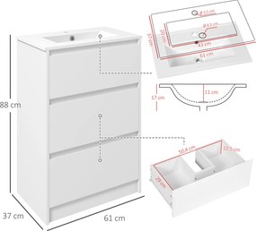 Kleankin koupelnová skříňka s umyvadlem - Umývací skříňka se syntetickým keramickým umyvadlem a 2 zásuvkami 61x37x88 cm Světlá bílá
