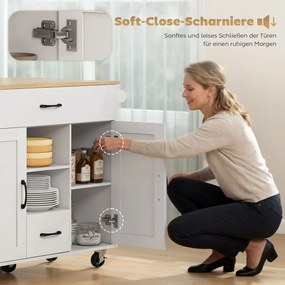 HOMCOM Kuchyňský ostrůvek na kolečkách, skládací pracovní plocha, skříňky se soft-close dveřmi, zásuvky, držák na ručníky, MDF, bílá