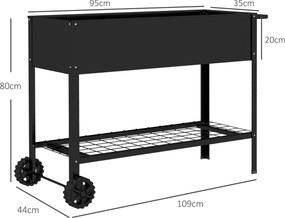 Metalová pěstební miska Outsunny se stojanem a policí 104L x 39Š x 80V cm 2 kola + zavlažovací vložka Černá