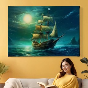 Obraz na plátně - Velká plachetnice na moři za úplňku FeelHappy.cz Velikost obrazu: 60 x 40 cm