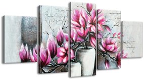Gario Ručně malovaný obraz Růžové magnolie ve váze - 5 dílný Rozměry: 150 x 70 cm