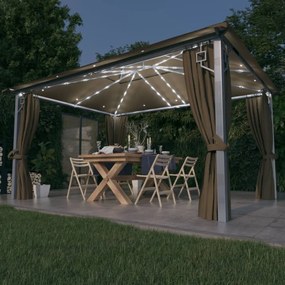 Altán se závěsy a světelnými LED řetězy 4 x 3 m taupe hliník 3070337