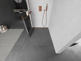 Mexen Kioto+ L, sprchová zástěna Walk-In s poličkou a věšákem 90 x 200 cm, 8mm čiré sklo černý vzor, ​​měděný matný profil, 800-090-123-65-77