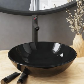 Koupelnové umyvadlo s baterií a výpustí černé tvrzené sklo 3098452