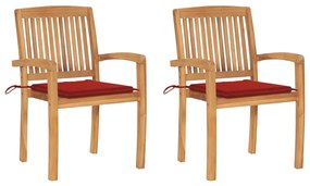 Zahradní židle 2 ks červené podušky masivní teakové dřevo,  3063258