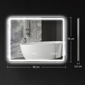HOMCOM Koupelnové zrcadlo s LED osvětlením, protimlžnou podložkou, 3 nastavitelné barvy, hodiny, 700 x 900 mm, stříbrná barva