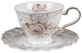 Porcelánový květovaný šálek s podšálkem  - 13*9*7 / Ø 15*2 cm / 220 ml