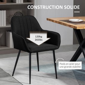 Jídelní židle HOMCOM v severském designu - Sada 2 židlí - Černé zkosené kovové nohy - Ergonomické lněné černé sedáky, opěradla a područky
