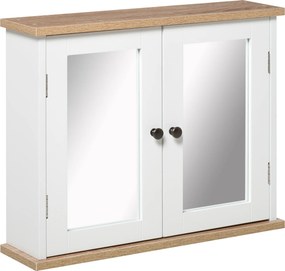 Nástěnný koupelnový kabinet kleankin se zrcadlem 2 úrovně s 1 nastavitelnou policí a 2 dřevěnými dveřmi - rozměr 56 š x 14 h x 46 v cm