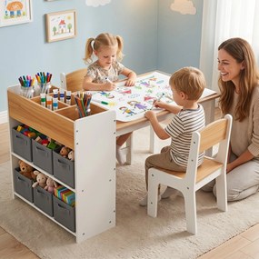 Costway Dětský dřevěný stůl Dětská sedací souprava s 2 židlí 4 přihrádkami 6