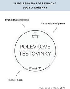 POLÉVKOVÉ TĚSTOVINKY  – průhledná samolepka na dózu, základní písmo, 5 cm | DomaLEP