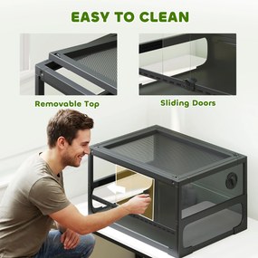 PawHut zvýšené skládací terárium pro plazy 60 × 45 × 32 cm (24 × 18 × 13 palců) — kalené sklo, zamykatelné víko, podávací dvířka, síťované větrání, 3…
