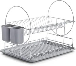 Odkapávač na nádobí, kov/plast, šedý, 2 patra