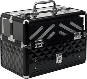 HOMCOM Organizér na make-up a šperky, přenosný, víceúrovňový s rukojetí a skládacími přihrádkami, hliníková slitina, 30x18,5x22 cm, průhledný a černý