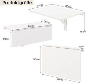 Costway Nástěnný skládací stůl šetřící prostor Skládací – 80 × 60 cm, bílý