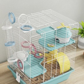 PawHut 3patrová klec pro křečky s kolem, tunely, úkrytem a miskou — pro zakrslé křečky a pískomily, 34,5 × 27,5 × 41 cm, modrá