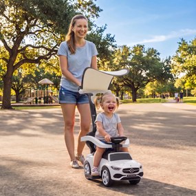 AIYAPLAY 3-v-1 jezdící auto s tlačnou tyčí Mercedes-Benz jezdící vozidlo s volantu, klaksonem, hudbou, střechou, úložným prostorem pod sedadlem, bílé