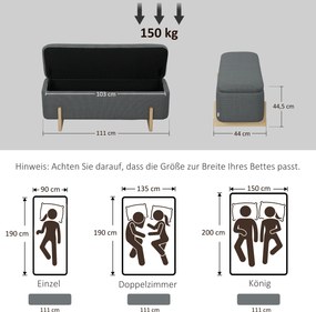 HOMCOM Stolička s úložným prostorem, sedací lavice s pěnovým polstrováním, imitace lnu, 111 x 44,5 cm, tmavě šedá
