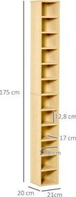 HOMCOM Úložný sloupec na CD a DVD, regál se 12 přihrádkami, kapacita max. 204 CD, 21 x 20 x 175 cm, přírodní dřevo