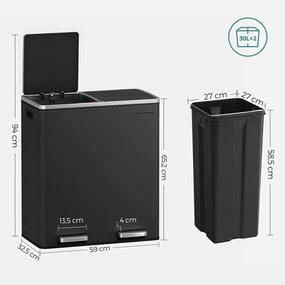 Vzduchotěsný kovový pedálový dvojitý odpadkový koš 2 x 30l, s 15 pytli na odpadky, černý