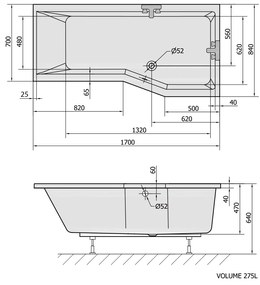 Polysan, VERSYS R asymetrická vana 170x84x70x47cm, bílá, 70611