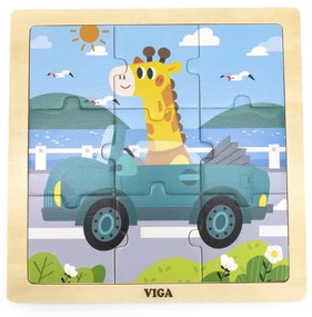 Dřevěné puzzle žirafa v autě 9 dílků