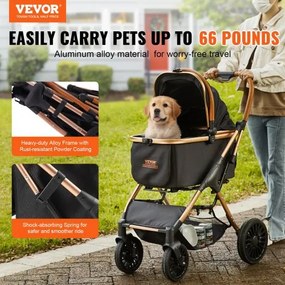 kočárek pro psy, 4kolový kočárek pro psy otočný s brzdami, nosnost 29,9 kg
