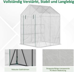 Outsunny Fóliový skleník Walk-in se 4 policemi Skleník na rajčata Skleník se studeným rámem Bílý PE 143x143x195cm pro zahradu a rostliny | Aosom.de