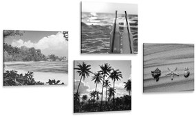 Set obrazů dovolená u moře v černobílém provedení - 4x 40x40 cm